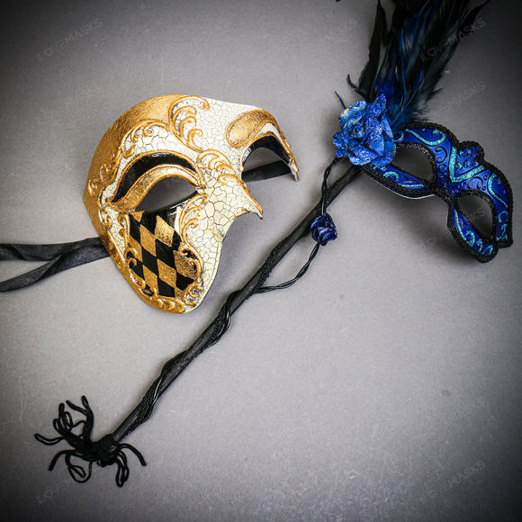 ILOVEMASKS | Accessories | Gold Venetian Phantom Half Face W Stick Blue ...